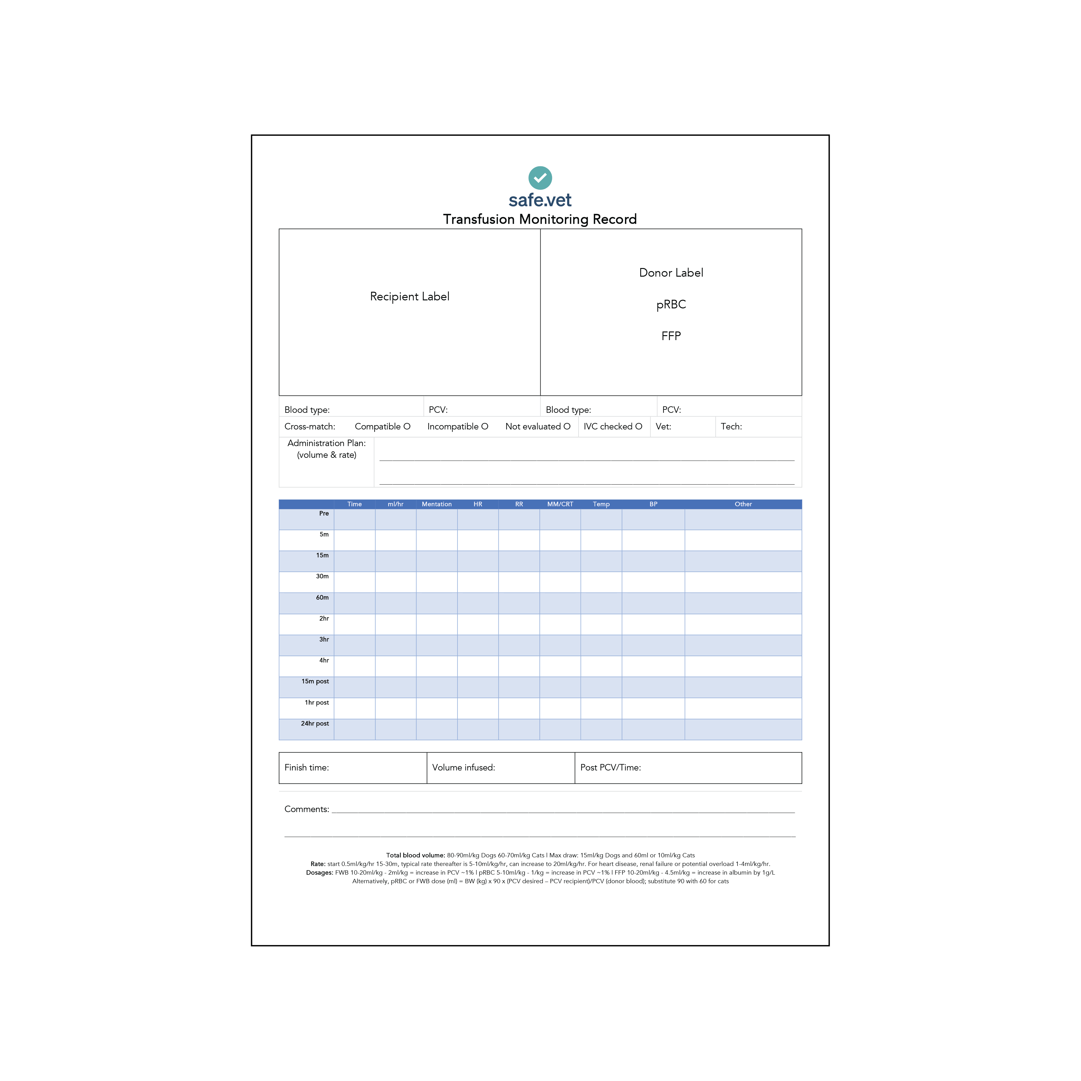 Veterinary Transfusion Monitoring Record (Printable PDF) – Safe Vet